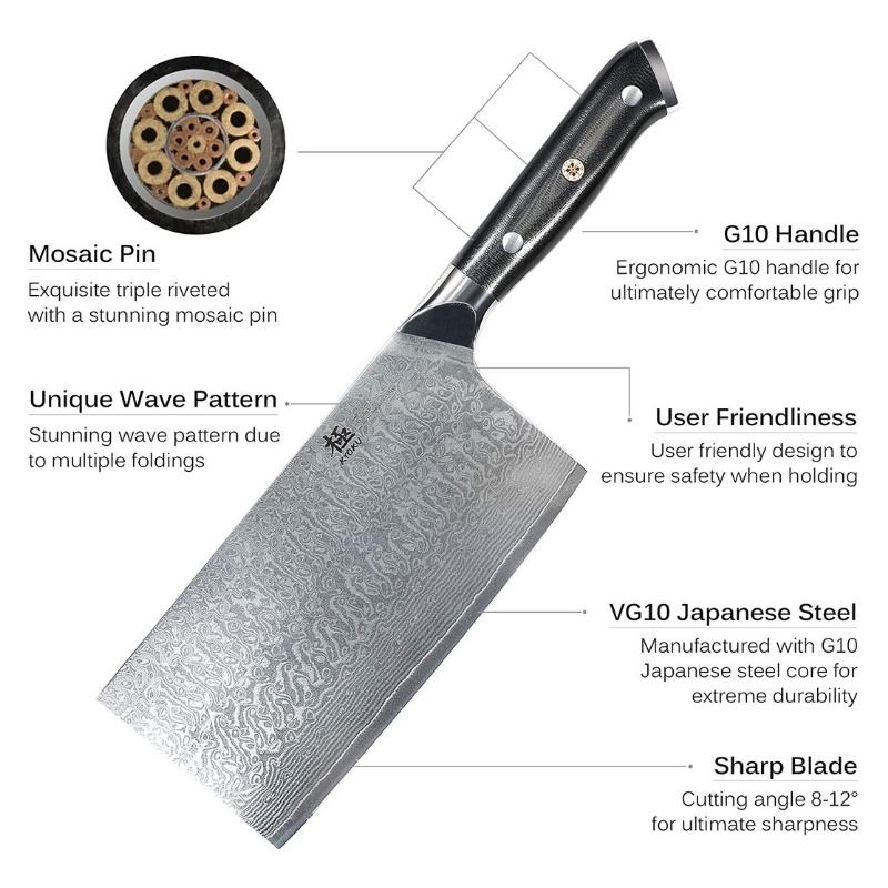 7 inch Forged Damascus VG10 Steel Cleaver Knife - with Sheath & Case ...